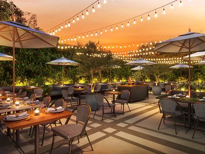 Outdoor dining under string lights creates California magic – where evening breezes complement every bite and sip with natural perfection.