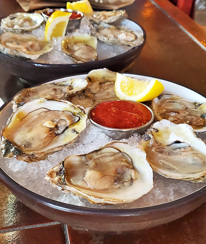 Oysters on ice – nature's perfect appetizer with nothing to hide. Just a squeeze of lemon and a dab of cocktail sauce is all these beauties need.