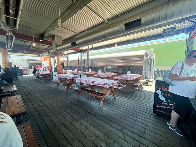 The patio at Salty's offers the perfect California BBQ experience: sunshine, fresh air, and the constant temptation to order "just one more" plate.
