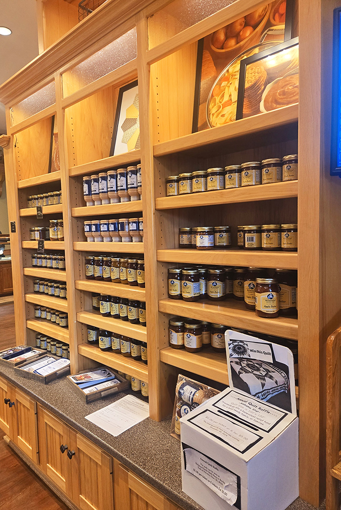 Shelves lined with jams and preserves that capture summer in a jar—edible souvenirs that let you take the taste of Amish country home.