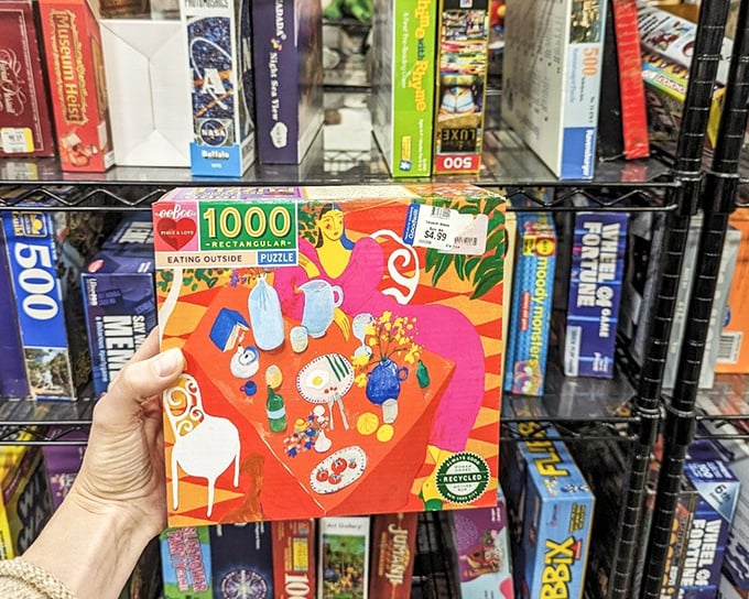 Puzzles: where someone else's abandoned winter project becomes your rainy day salvation. That Matisse-inspired scene promises hours of colorful frustration.