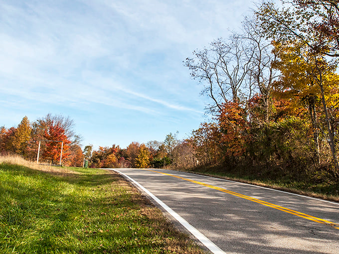 Rural simplicity meets natural grandeur on this quiet stretch. The kind of road where radio stations fade and conversations deepen.