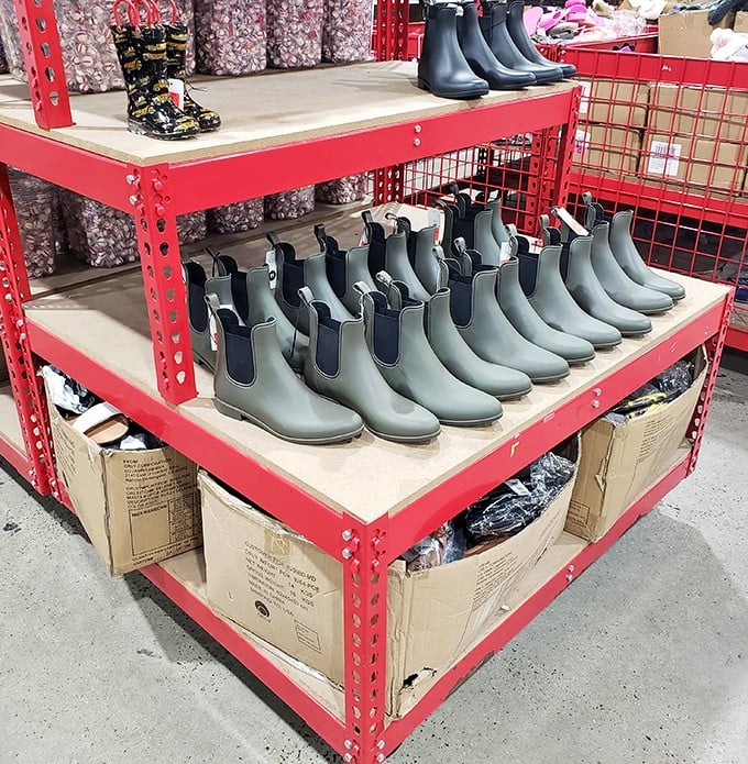 Rain boots lined up like colorful soldiers ready to battle puddles. Fashion meets function in waterproof footwear that makes rainy days almost welcome.