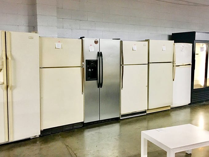 The refrigerator lineup looks like a 1970s family reunion—slightly dated but full of character and ready to serve.