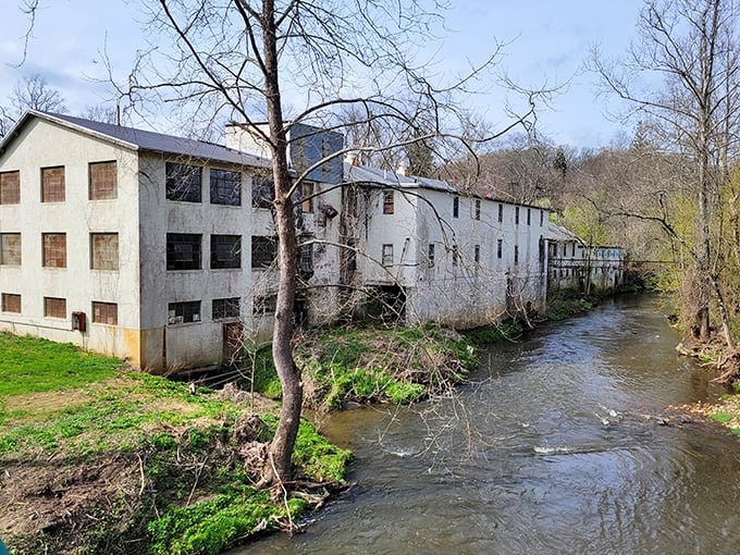 The old mill buildings stand like ghosts along the creek, whispering stories of Delaware's industrial glory days.