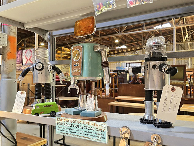 Robot sculptures assembled from vintage parts—proof that yesterday's junk becomes tomorrow's art with enough imagination and glue.