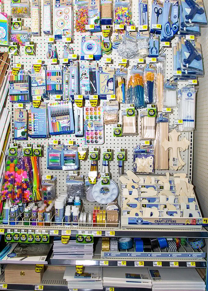 The craft and school supply wall—where last-minute science projects and forgotten permission slips find their salvation.