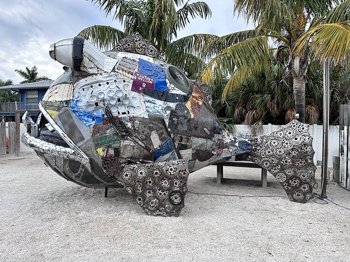 Not just a sculpture—it's the restaurant's namesake transformed into metallic magnificence, proving that "ugly" can indeed be spectacular when reimagined.