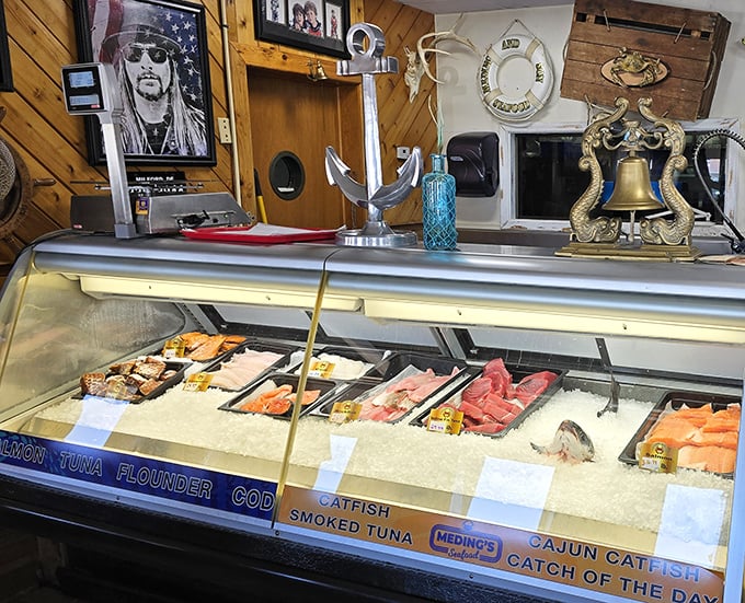 The seafood case—where tomorrow's dinner meets today's dreams. Like a jewelry counter, but with items far more valuable to your taste buds.