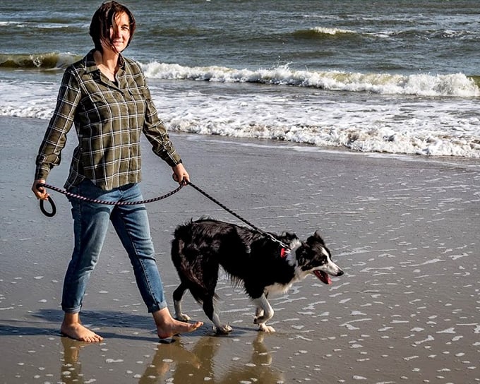 Beach walks with four-legged friends—where both species remember what joy feels like. The universal language of wet paws and happy tails.