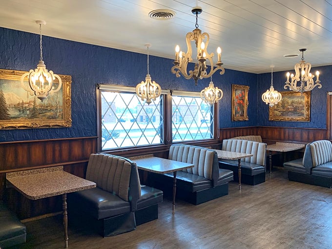 More chandeliers than you'd expect at a pancake house, creating an atmosphere that says "Yes, your breakfast deserves this elegance."