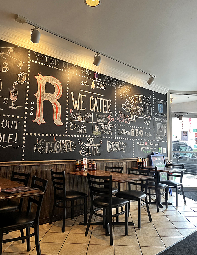 The chalkboard wall reveals the establishment's Southern BBQ roots and BYOB policy – two excellent reasons to gather friends for dinner.