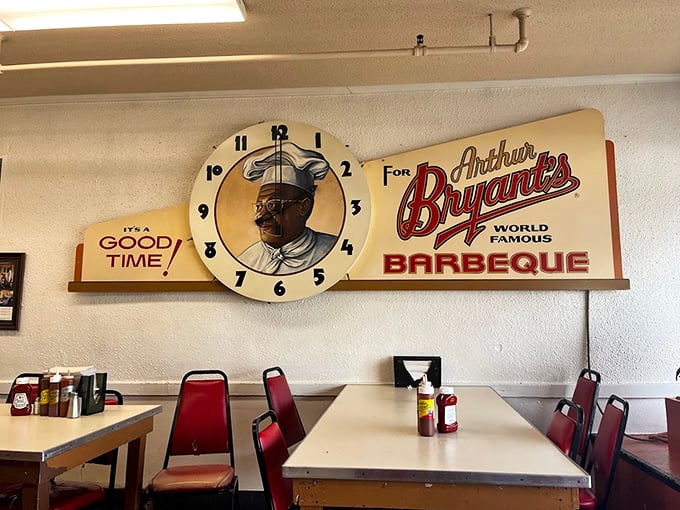 That vintage clock doesn't just tell time—it reminds you that at Arthur Bryant's, it's always the right hour for world-famous barbecue.