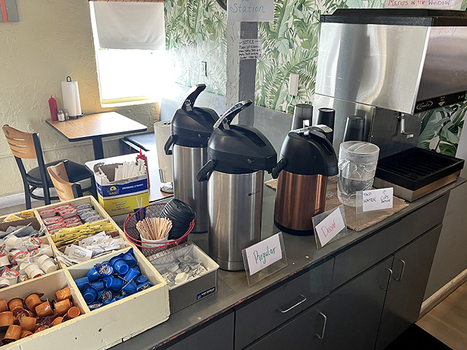 Coffee station with all the fixings—because breakfast without coffee is just sleep. Self-serve means your cup never runs dry.