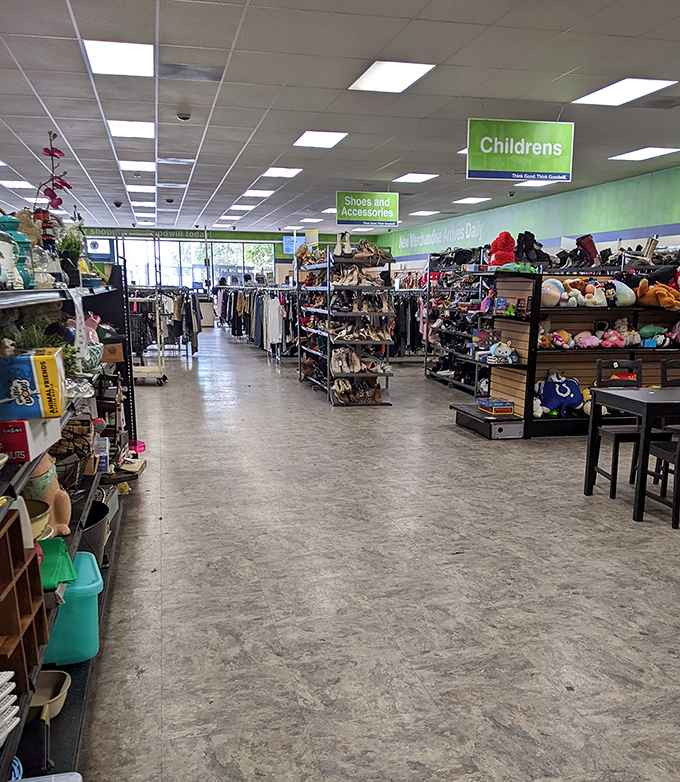 Department store organization meets yard sale prices. Those green signs make navigation easy—even when you're dizzy with bargain-hunting excitement.