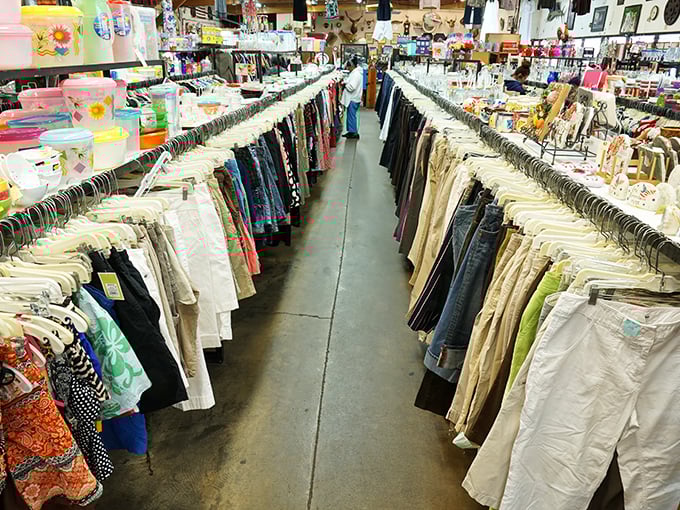 The pants section stretches into infinity—a denim sea where your next favorite pair of jeans is hiding, already perfectly broken in.