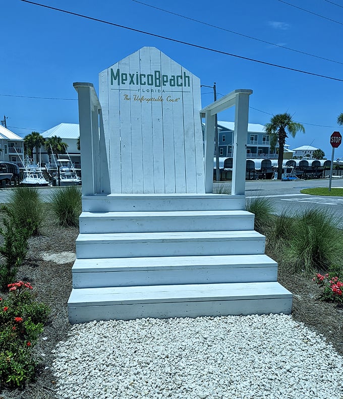 The iconic Mexico Beach welcome sign – a perfect photo op that says, "Yes, you've officially escaped the real world."
