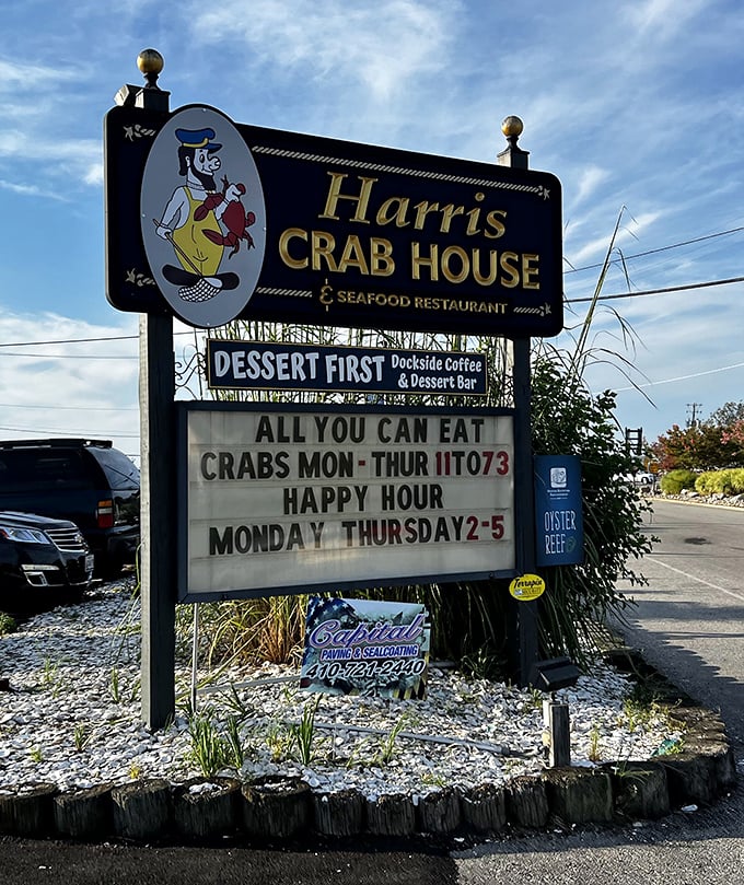 The sign promises "All You Can Eat Crabs" and "Dessert First"—two concepts that should be constitutional amendments.