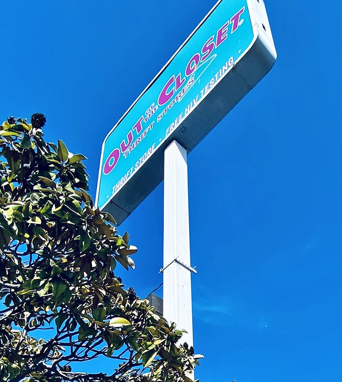 The sign stands tall against California's blue sky, a colorful reminder that retail therapy and healthcare access can happily coexist.