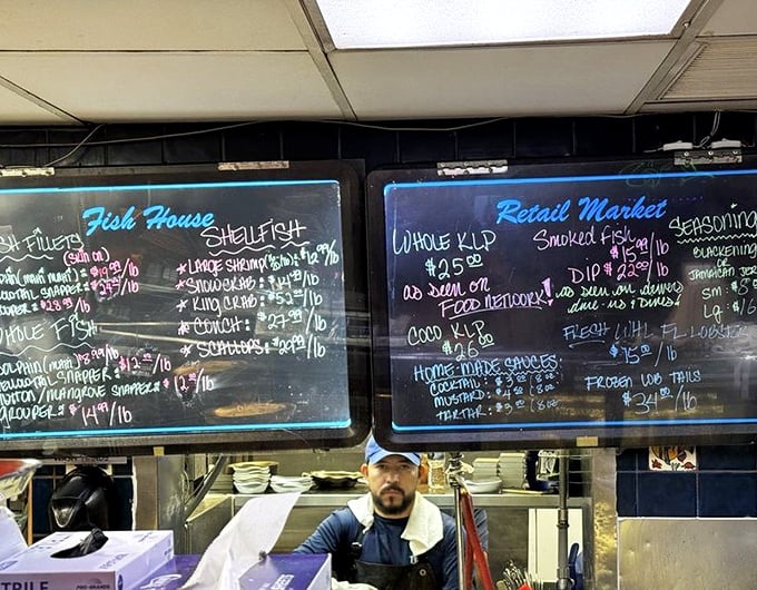 Behind the chalkboard menu, culinary magic happens—where fresh catches become the day's specials by skilled hands that know their seafood.