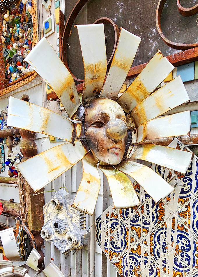 The sun god meets industrial revolution in this radiant face. Those metal rays could double as the world's most artistic ceiling fan.