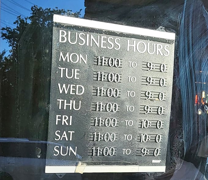 Business hours that prove some of life's greatest pleasures—like all-you-can-eat buffets—are available seven days a week.
