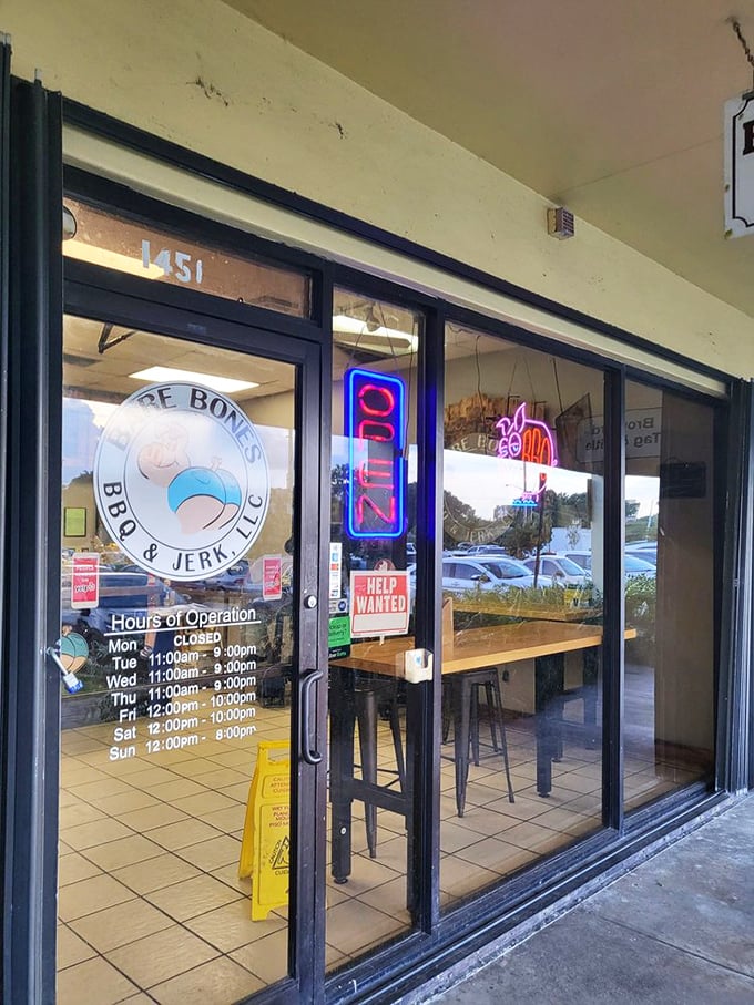 Hours posted clearly—because knowing when you can get your next BBQ fix is essential life information.