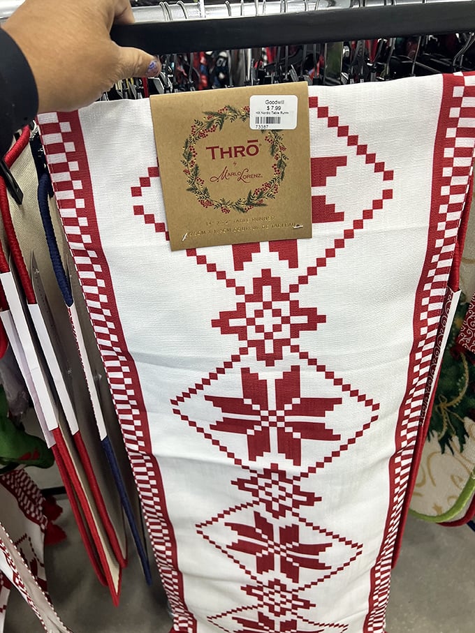 That holiday runner with its festive geometric pattern still sports its original tags—someone's regifting mishap is your tablescape triumph!