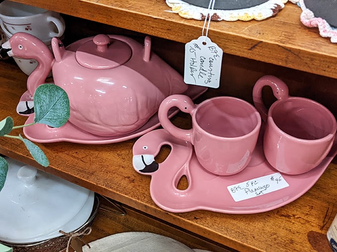 Flamingo tea set that screams "Florida retirement" in the most delightful way possible. Pink ceramic perfection for your next gossip session.