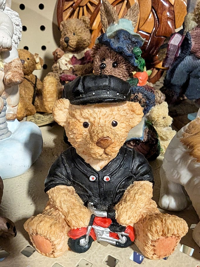 A leather-clad teddy bear on a miniature motorcycle – the exact kind of whimsical nonsense that somehow becomes your most cherished shelf decoration.