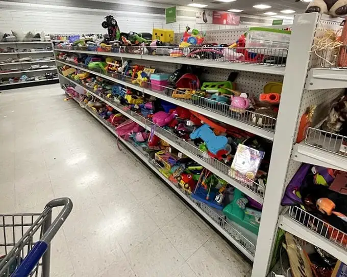 The toy section offers budget-friendly options for birthdays and holidays. Many items look barely played with—perfect for kids who never notice the missing box.