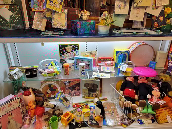 Childhood memories behind glass – these toys don't need batteries, just imagination and the occasional adult willing to make swooshing sounds.
