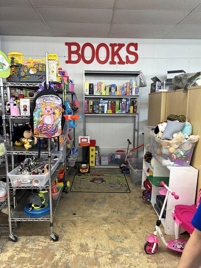 The children's section—where toys enjoy their second childhood and books prepare for new adventures with fresh young minds.
