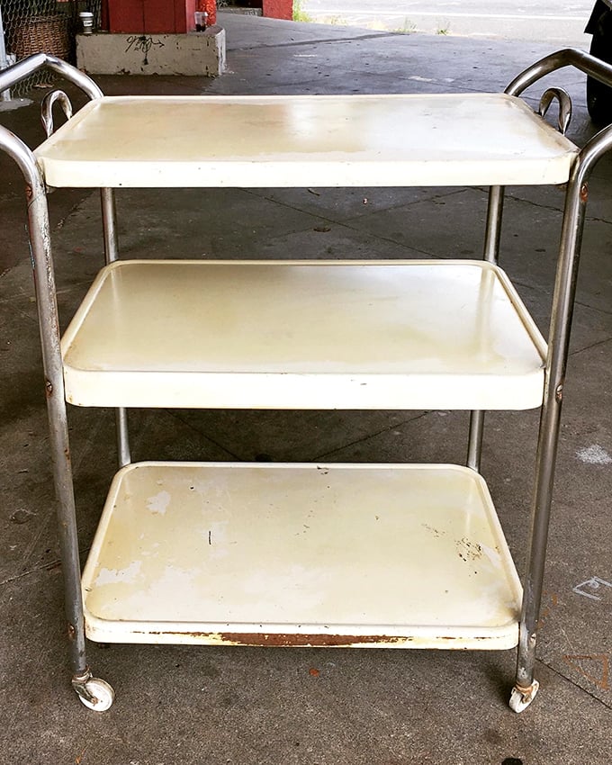 This vintage hospital cart has stories to tell—and now waits for its second act as a bar cart or quirky kitchen island.
