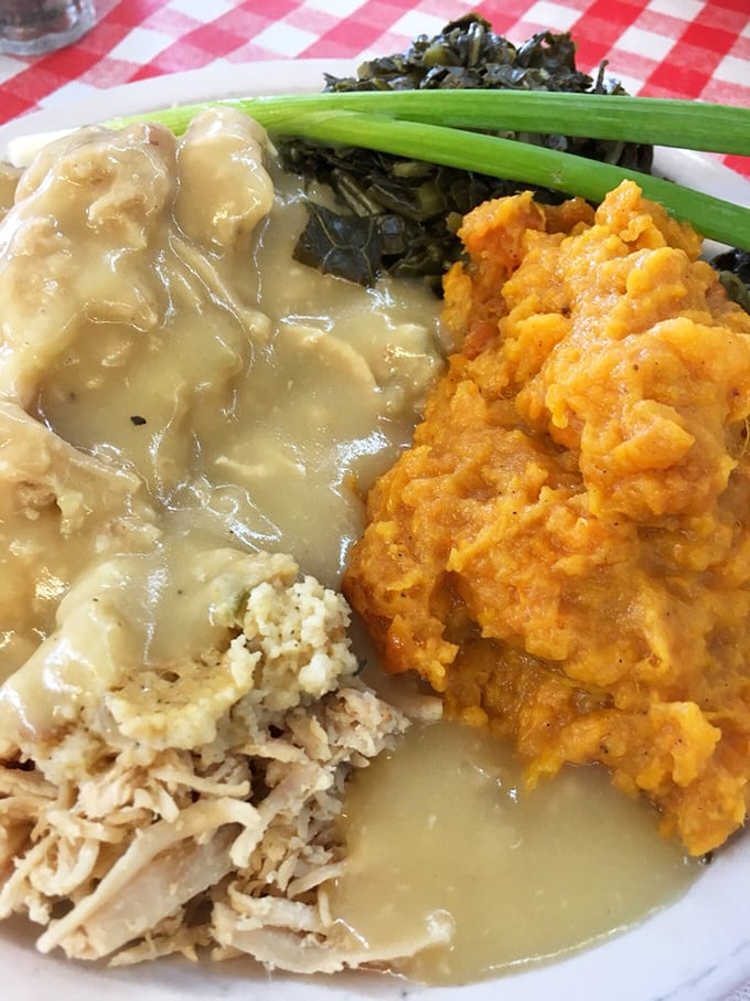 Turkey and gravy with sweet potatoes and greens—Thanksgiving doesn't have to wait for November here.