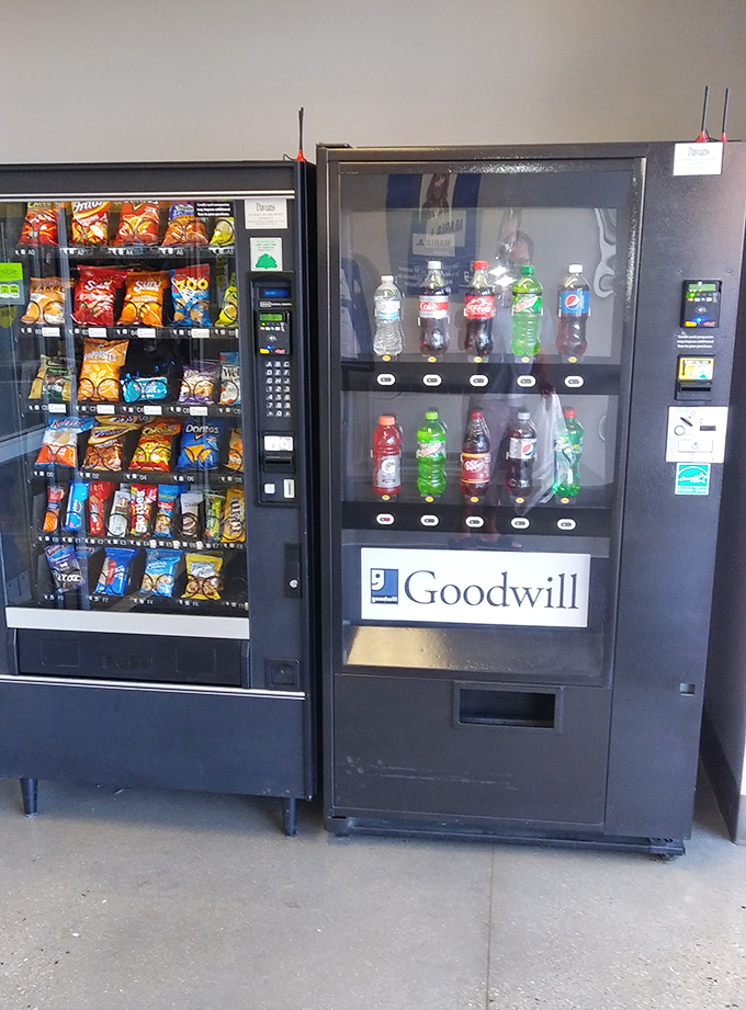 Even the snack machines carry the Goodwill logo – because treasure hunting builds an appetite that only vending machine pretzels can satisfy.