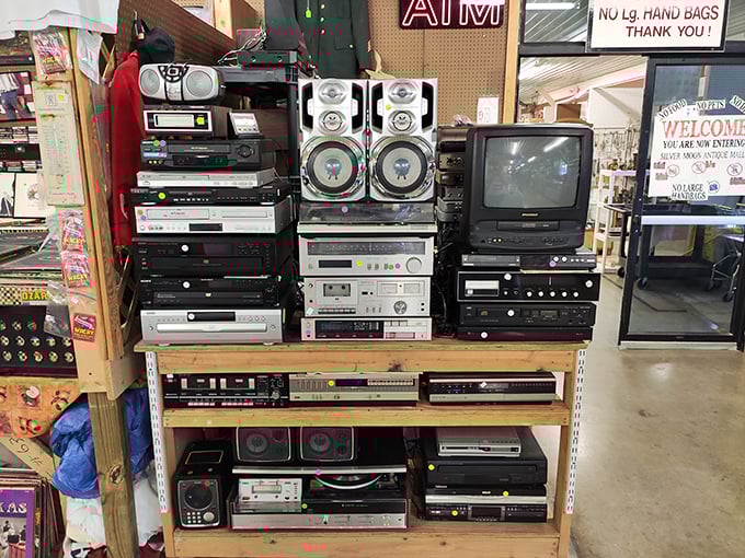 The vintage audio equipment display is a shrine to the days when stereo systems were furniture and required their own moving crew.