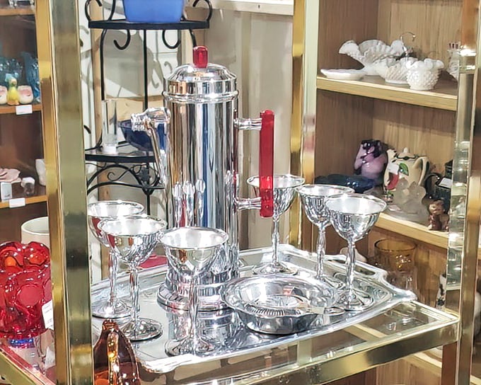 This gleaming cocktail set isn't just barware—it's a time machine to the Rat Pack era when martinis were mandatory and chrome was king.