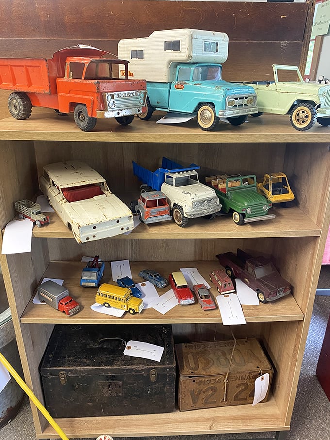 Toy trucks with their original patina – childhood treasures that survived playtime to become collectibles worth more than their original price tags.