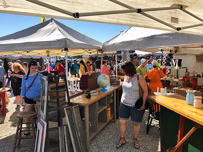 Treasure hunting under canvas. Shoppers examine potential purchases with the focused concentration of archaeologists discovering ancient artifacts.
