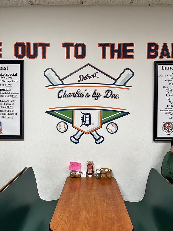 A closer look at the Detroit Tigers-inspired wall art reveals Charlie's connection to America's pastime. Breakfast and baseball—perfect together.