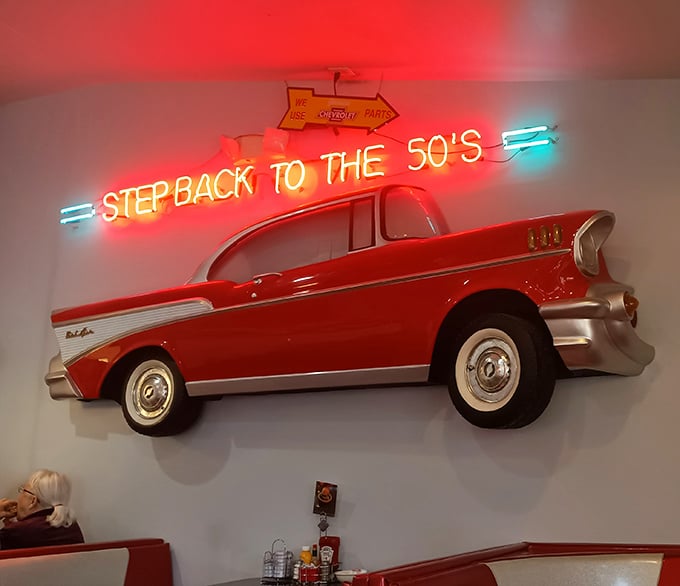 "Step Back to the 50's" isn't just a neon sign—it's a promise delivered with every bite in this time-capsule of American dining.