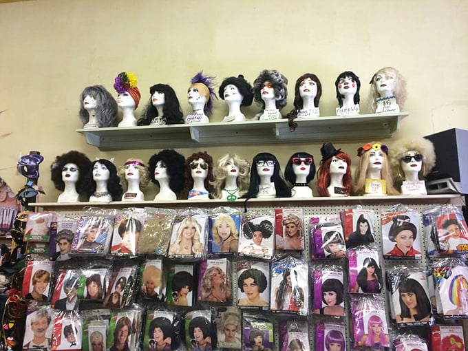 The wig wall: where you can try on personalities ranging from "1960s girl group" to "just escaped from a glam rock band."