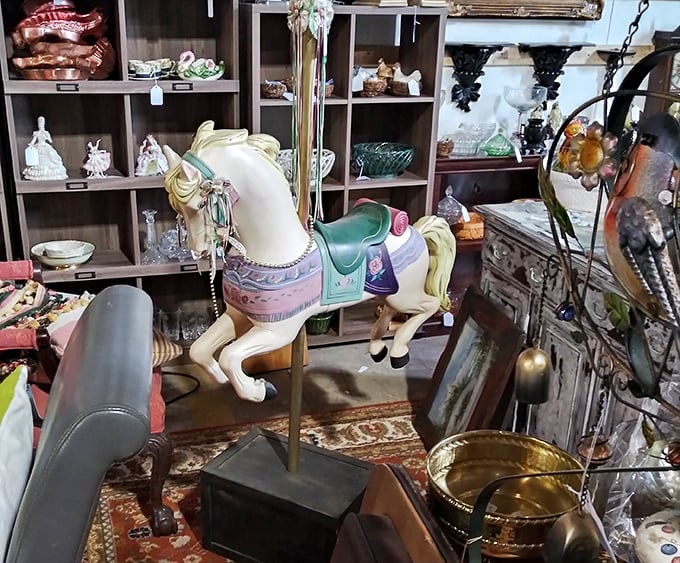 This carousel horse isn't just decoration—it's childhood nostalgia on a pole. Someone's grandkid is about to have the coolest bedroom in Georgia.