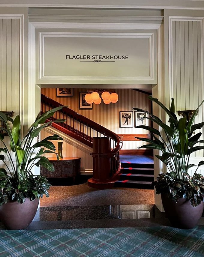 That curved staircase at Flagler isn't just an entrance—it's a red carpet for your taste buds. The potted plants stand guard like bouncers at beef paradise.