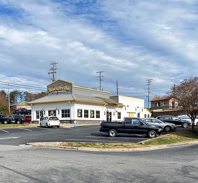 Asheboro's Biscuitville familiar facade promises comfort food and friendly service in true Carolina style.