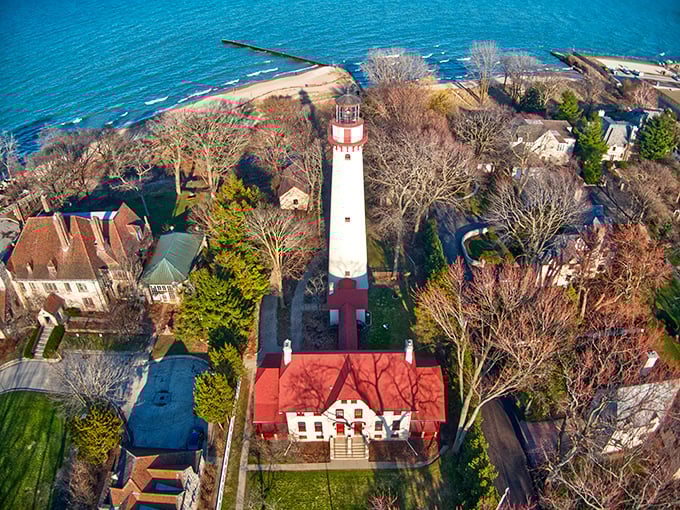 From above, the lighthouse's strategic position becomes clear—a perfect placement to guide ships along Lake Michigan's sometimes treacherous shoreline.
