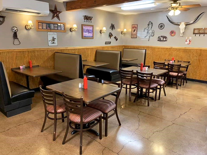 Longhorn skulls and Western stars create the perfect backdrop for conversations that meander as comfortably as the nearby country roads.