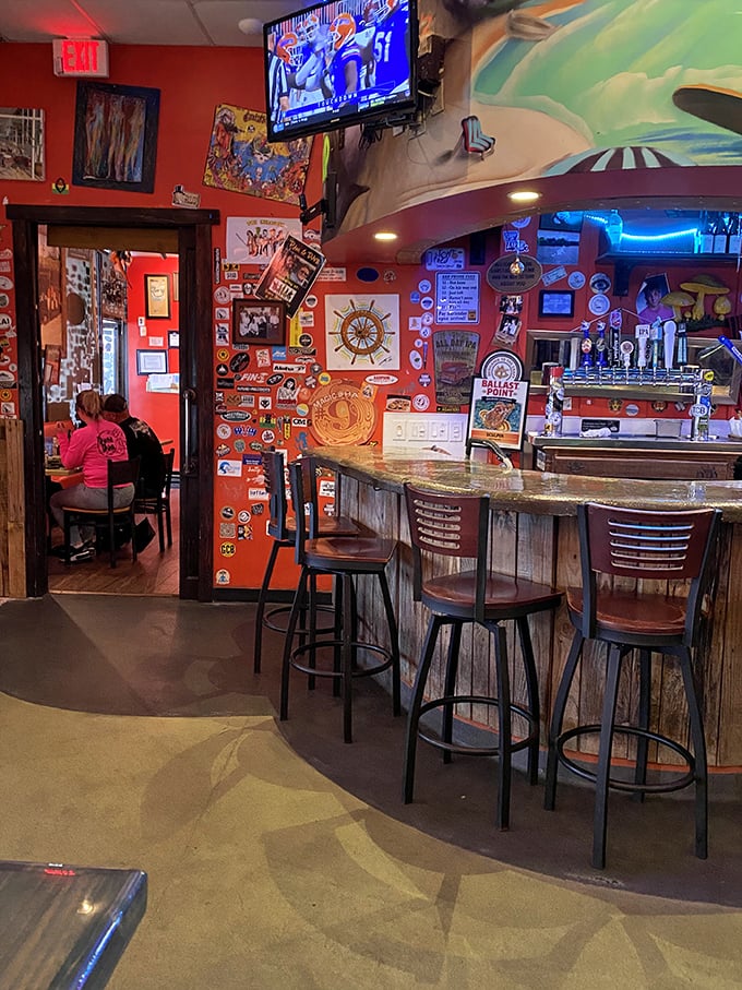 Every inch of wall space tells a story—from license plates to fishing memorabilia, it's a museum of coastal cool.