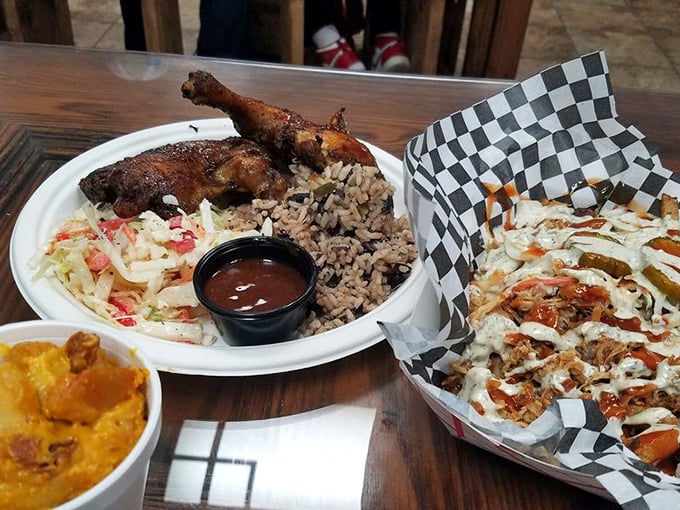 When chicken, rice, and slaw share a plate, it's not just a meal – it's a committee meeting where everyone agrees on deliciousness.